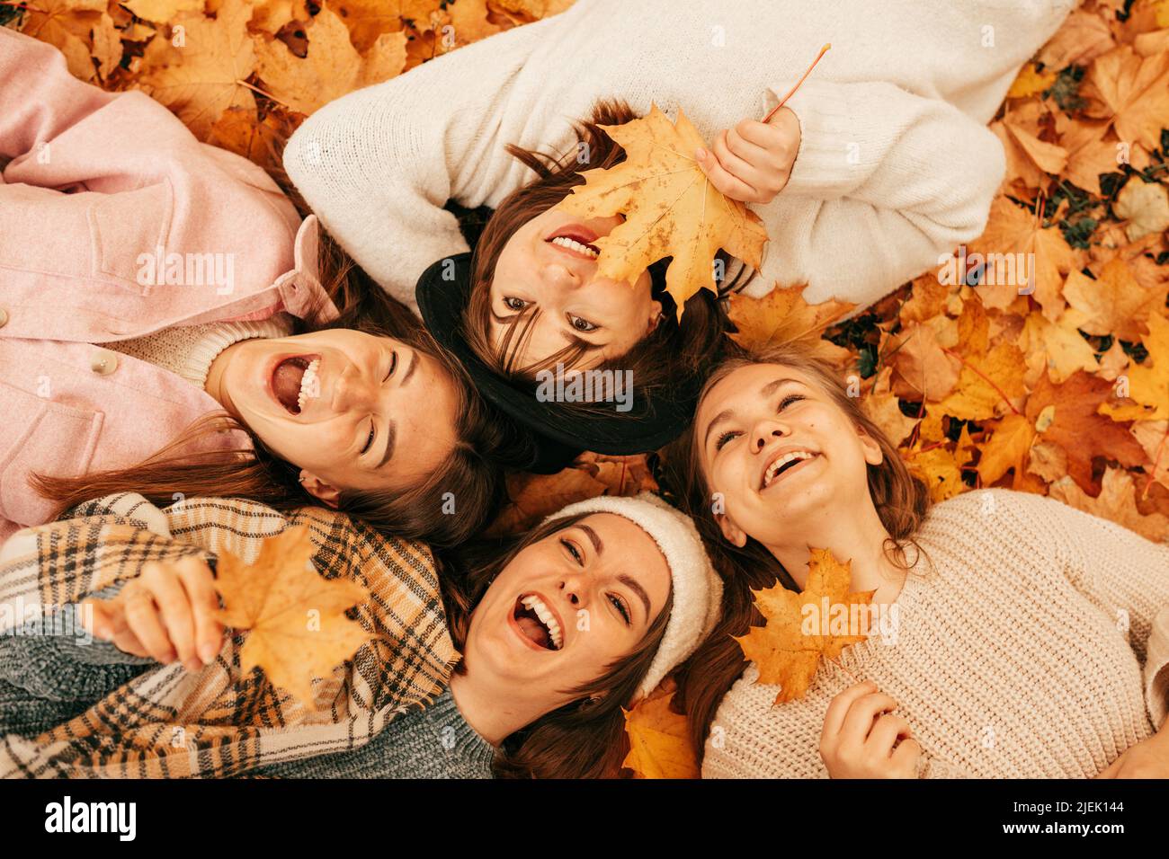 Group of people. Autumn portrait. Happy young women students playing ...