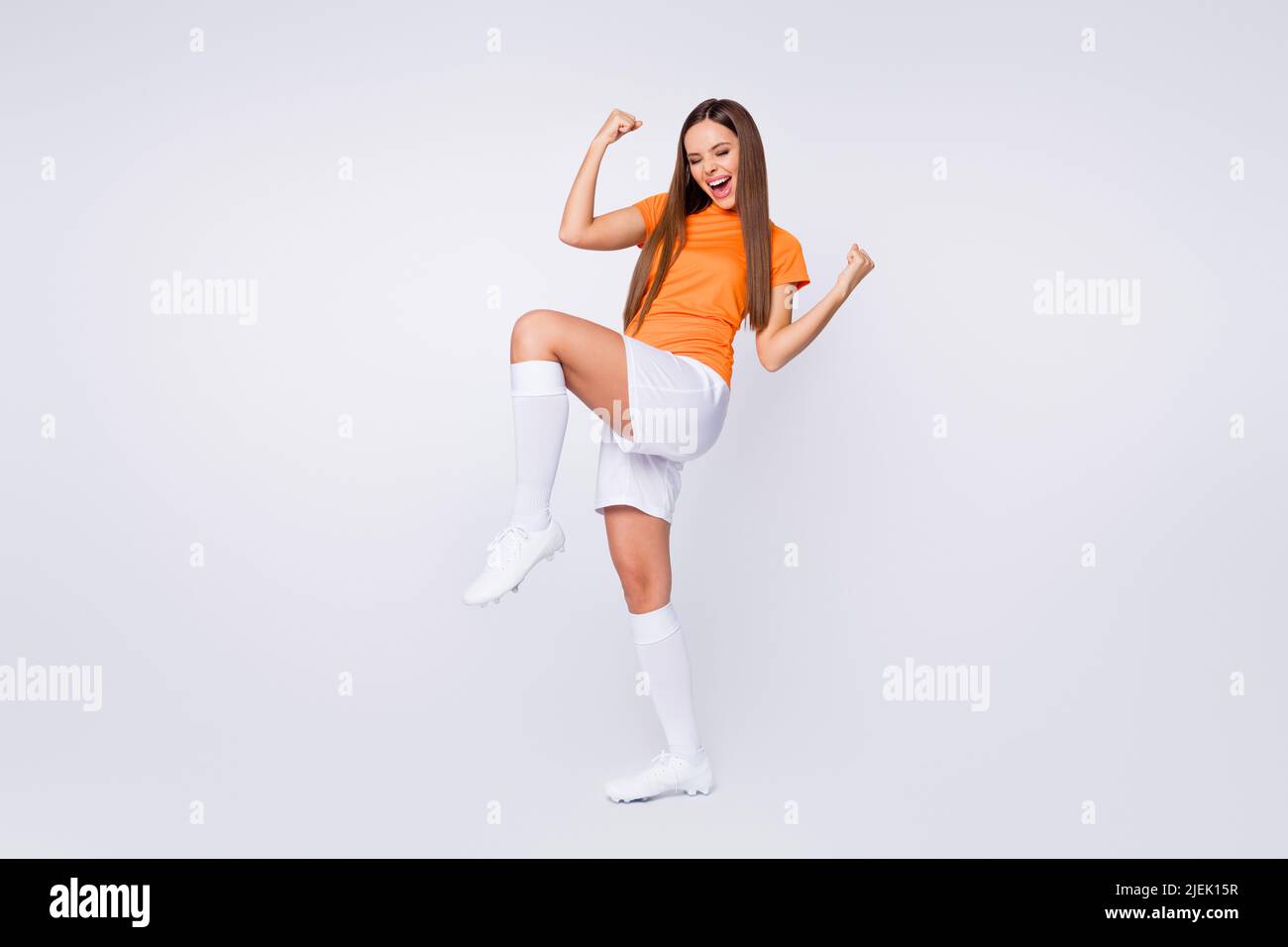 Full body photo of astonished joyful lady win bets supporting soccer ...