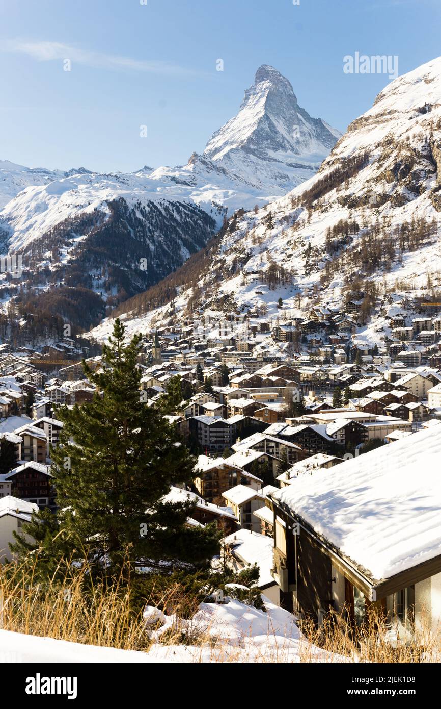 Winter mountain landscape. Snowy mountain Matterhorn during the day in ...