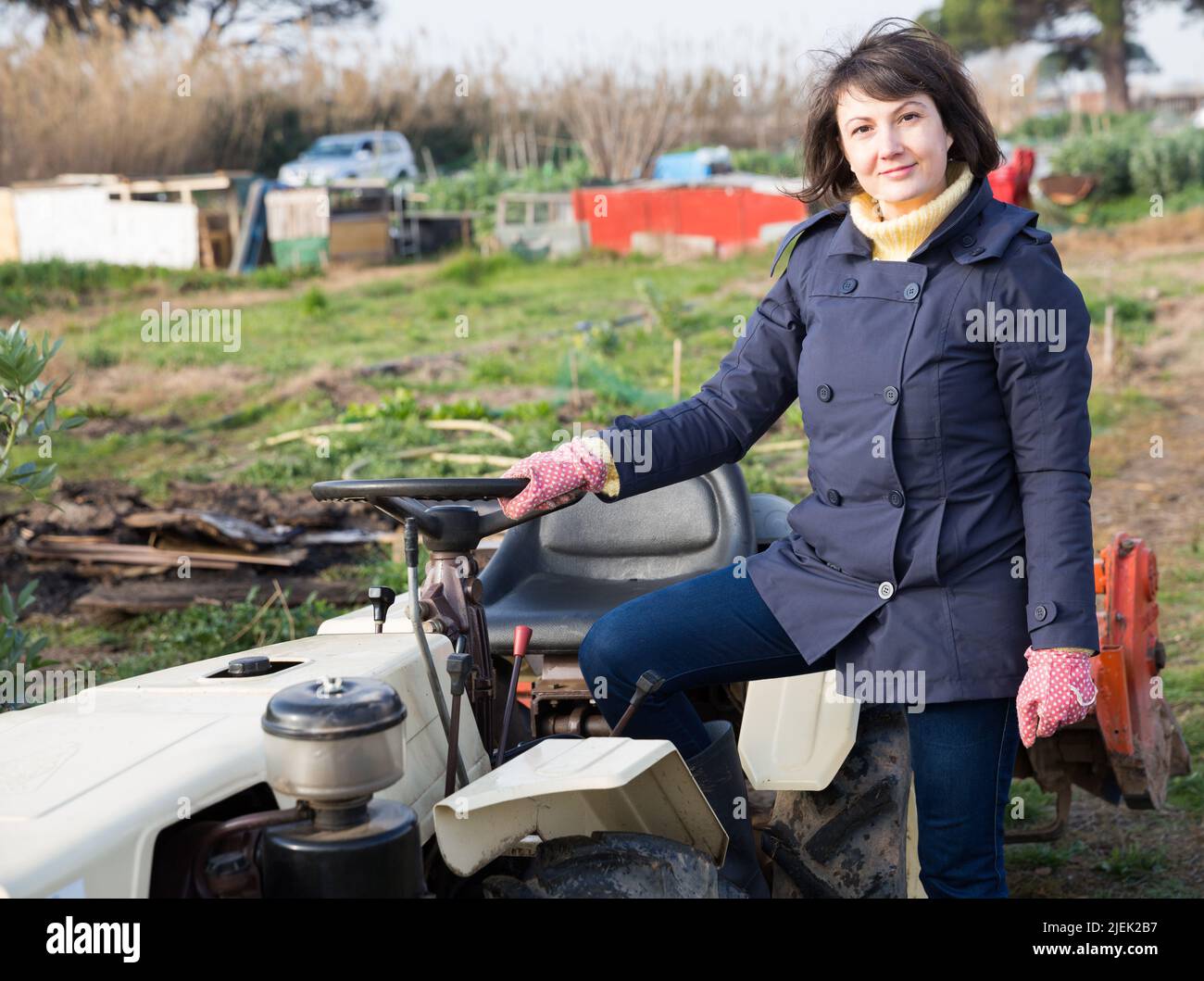 Positive woman working on small farm tractor Stock Photo - Alamy