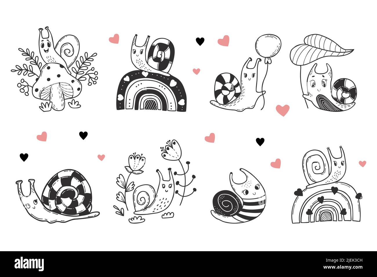 collection of cute snails with decorative flowers, on fly agaric ...