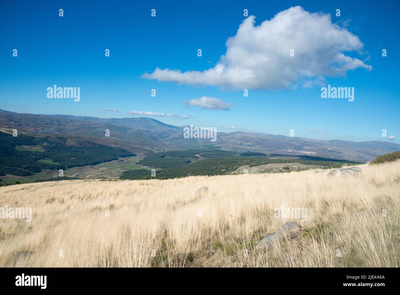 Cute clouds over the countryside in Avila. Blue sky and hills in the ...