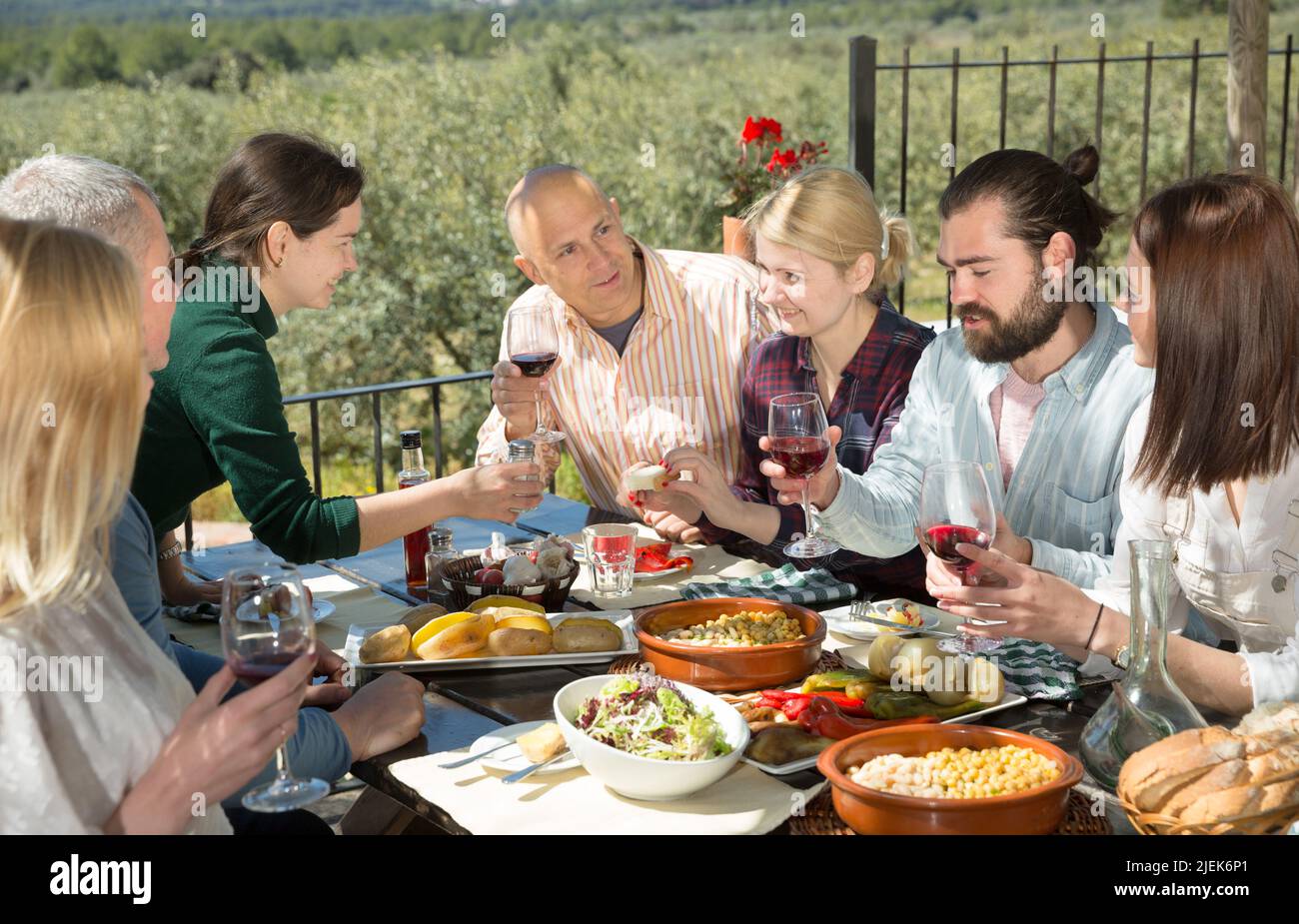 Friends having lunch on the open-air terrace Stock Photo - Alamy