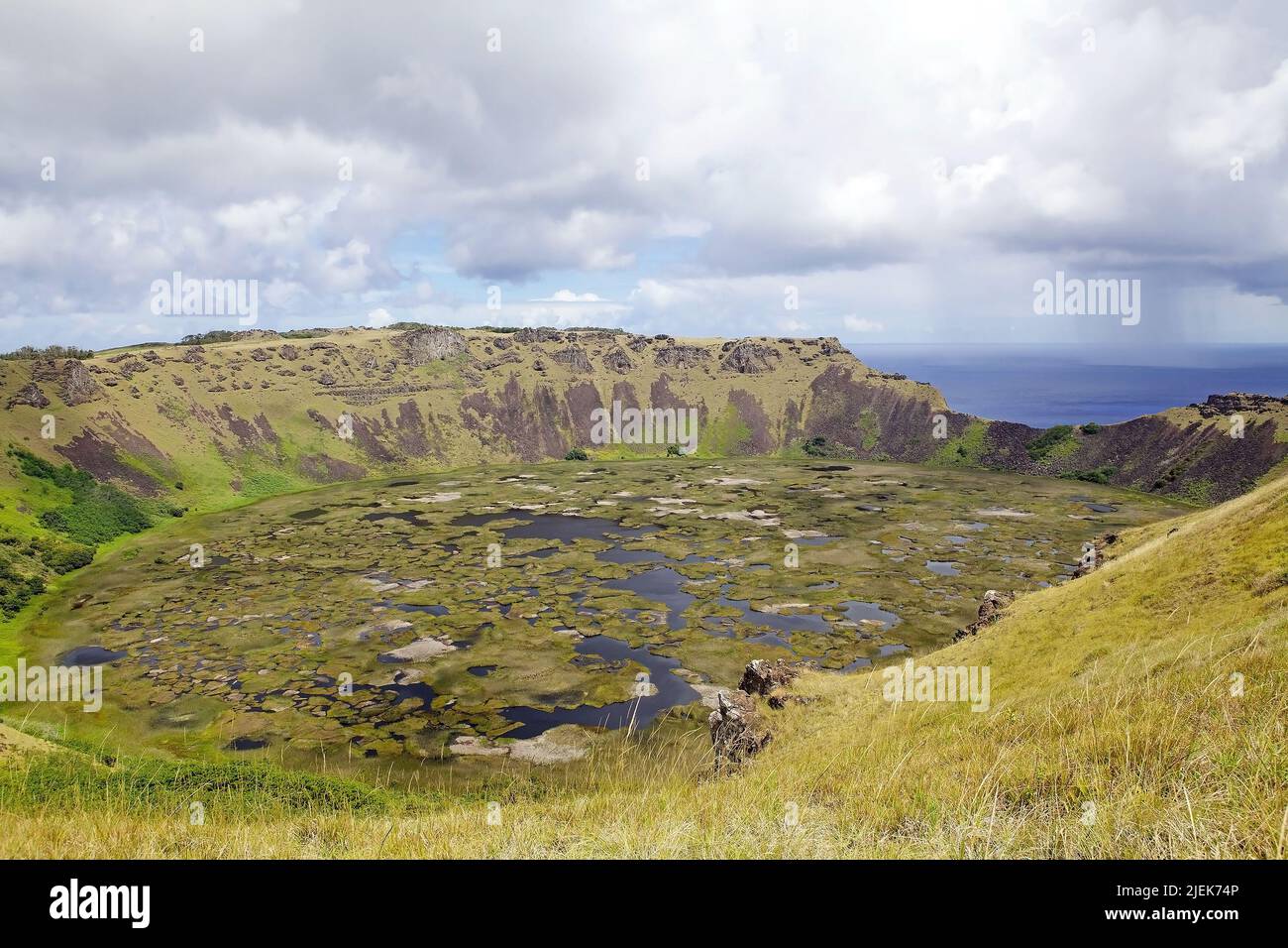 View of Rano Kau volcano at Easter island, showing a gap at the ...