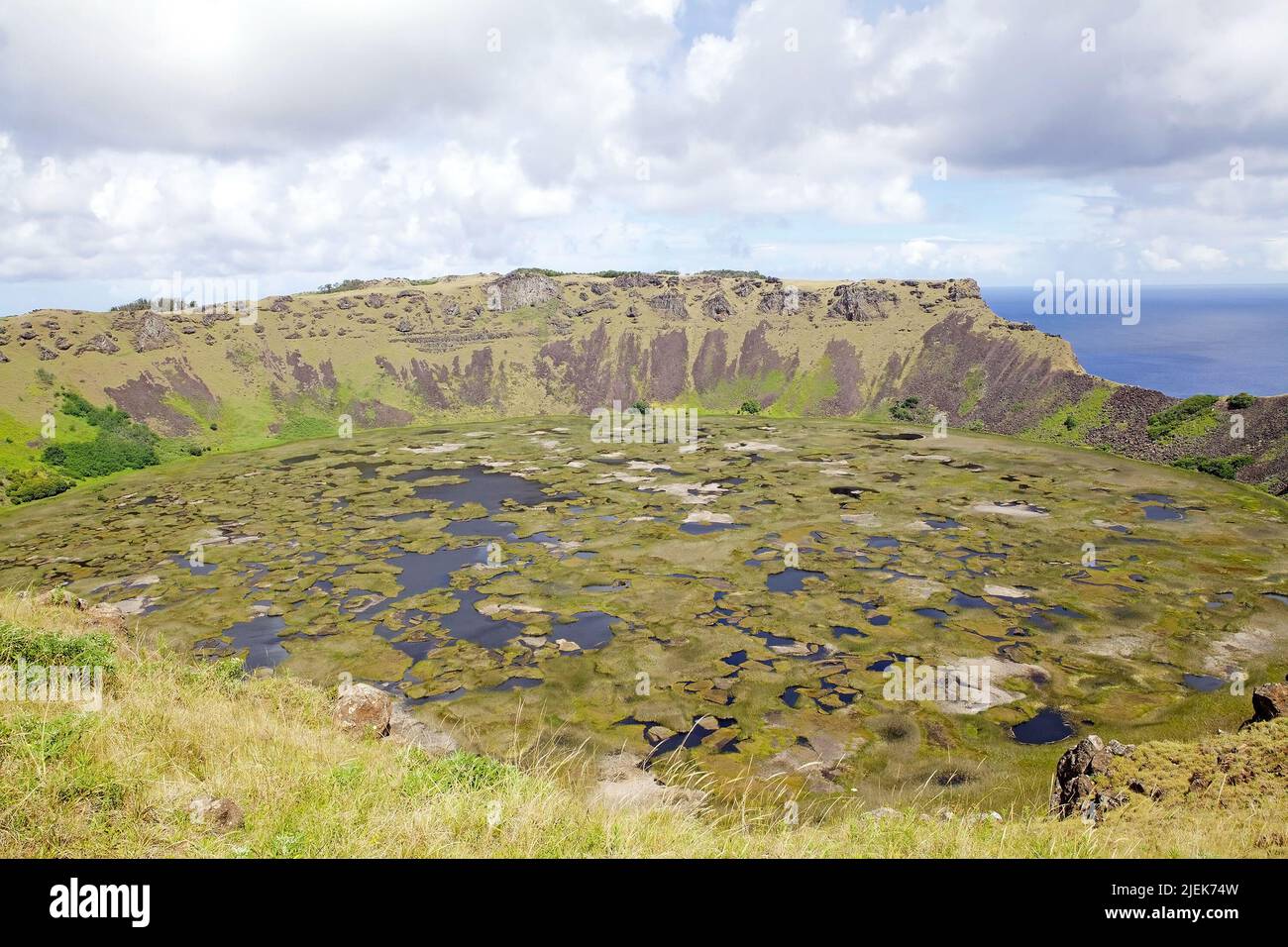 View of Rano Kau volcano at Easter island, showing a gap at the ...