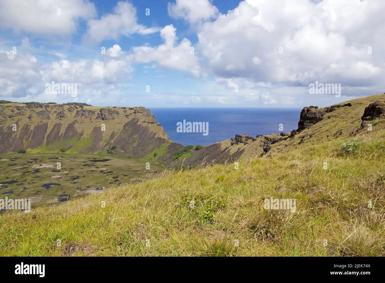 View of Rano Kau volcano at Easter island, showing a gap at the ...