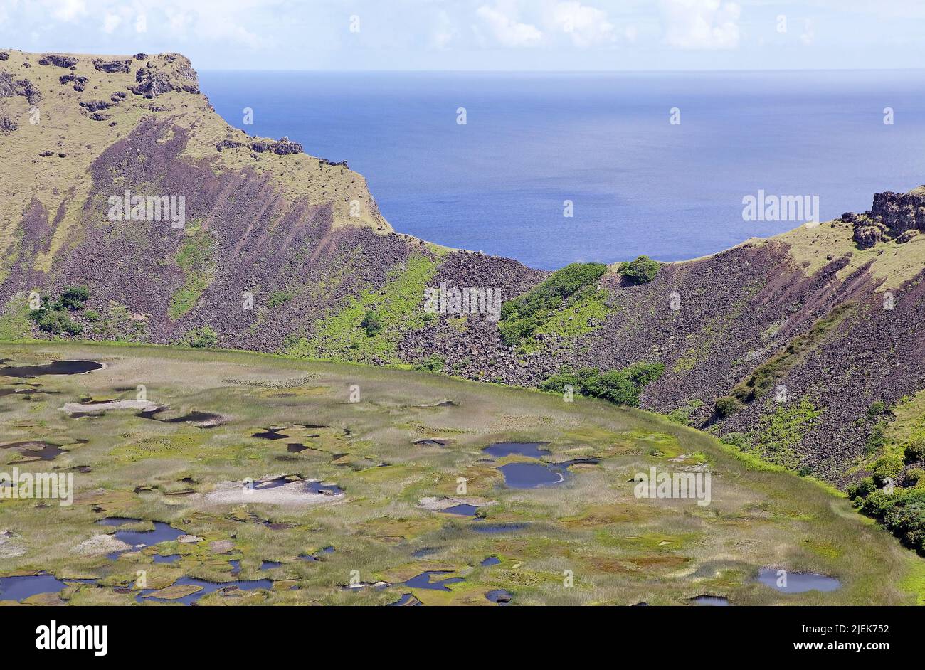 View of Rano Kau volcano at Easter island, showing a gap at the ...
