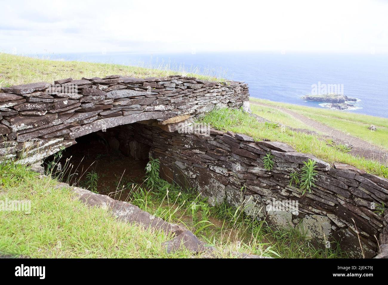 Restored stone houses at Orongo on the Rano Kau volcano at Easter ...