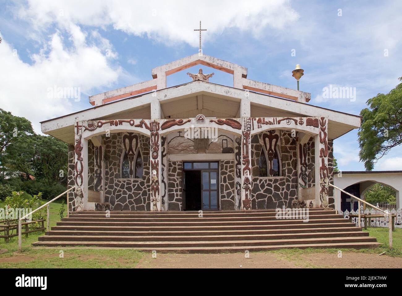 Front view of the Catholic Church at Hanga Roa, Easter Island, Chile ...