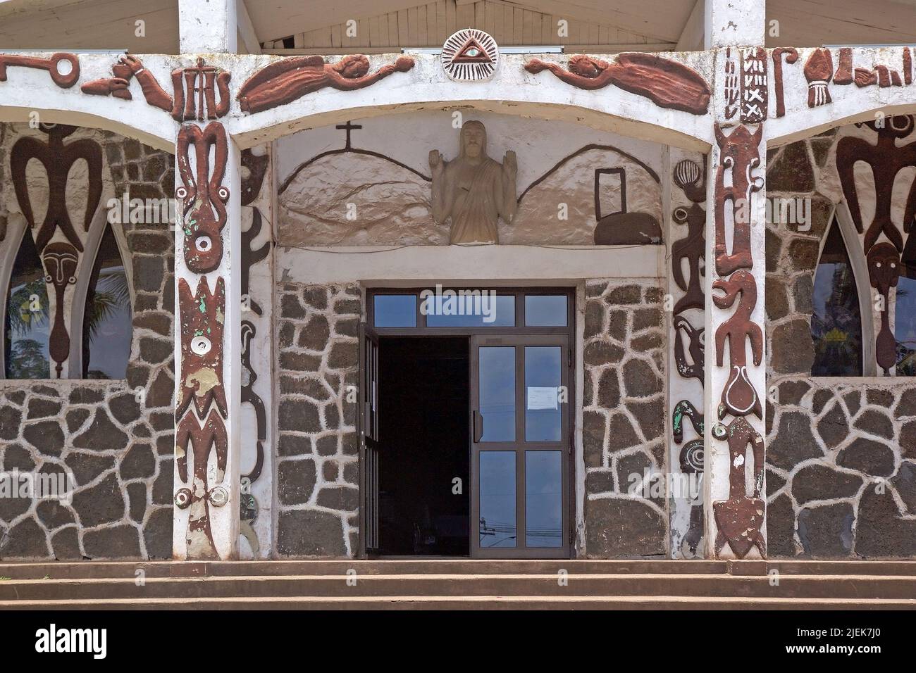 Details of the facade of the Catholic Church at Hanga Roa, Easter ...
