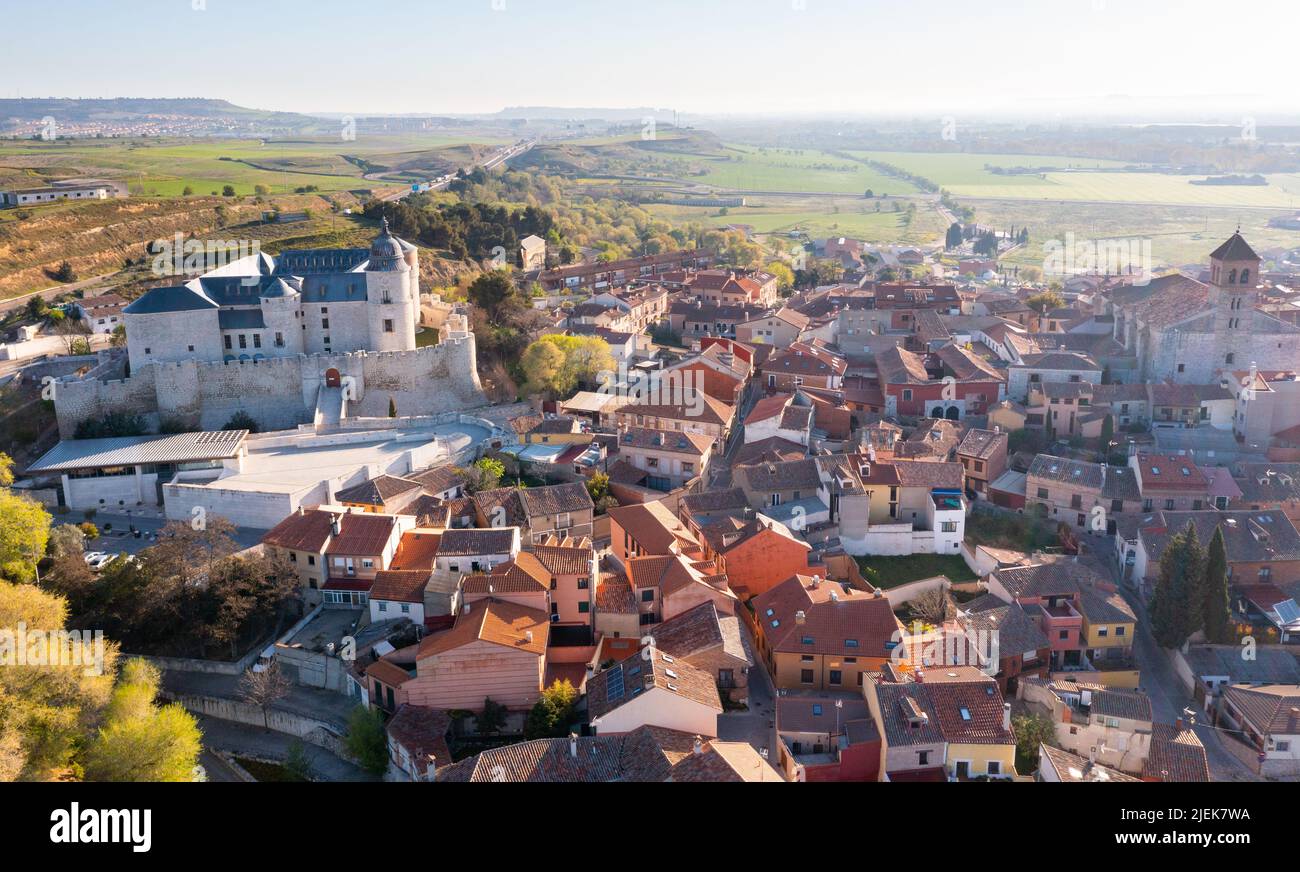 Aerial view of Simancas with church of El Salvador and fortified castle ...