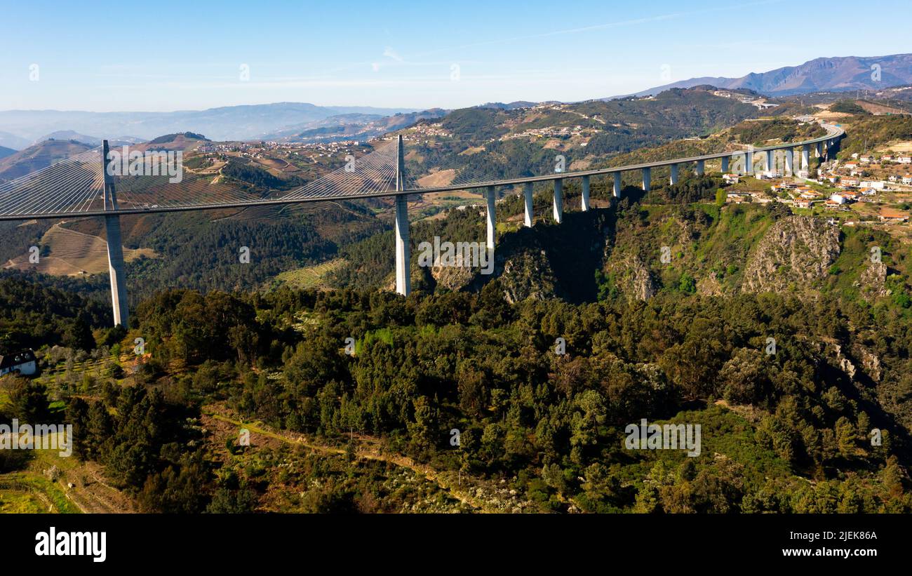 Panoramic aerial view of Vila Real viaduct crossing gorge of Corgo ...