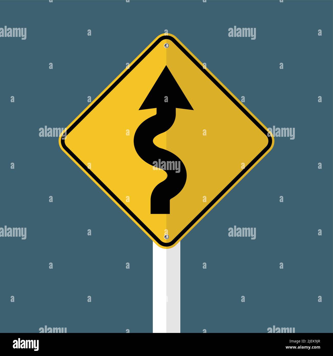 Right winding road Sign on grey sky background.Vector illustration ...
