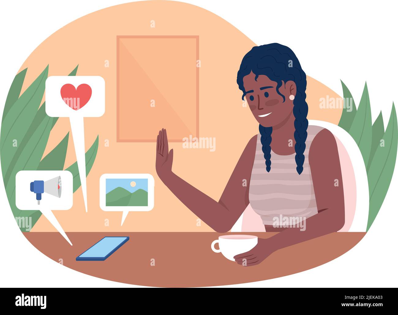Happy woman avoiding social media usage 2D vector isolated illustration ...