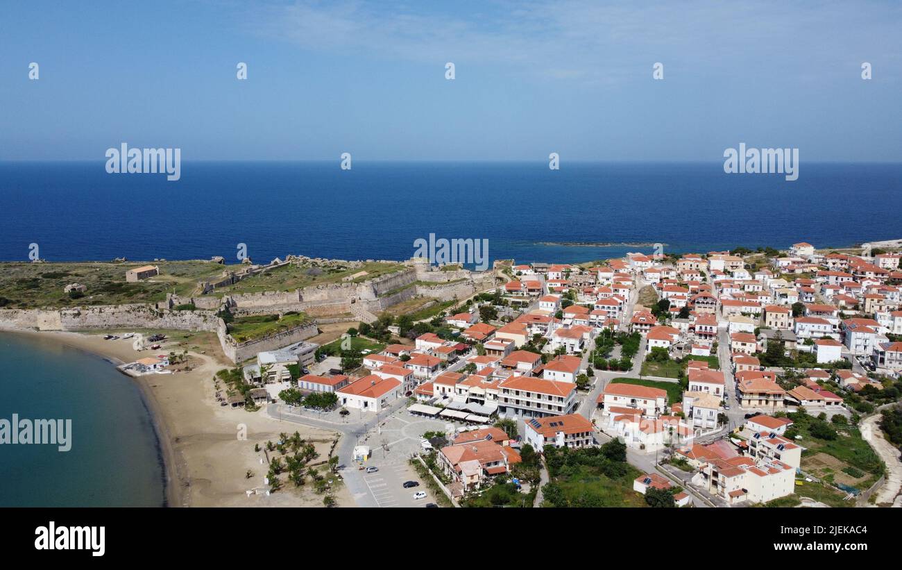An aerial view of Methoni village in Messenia, Peloponnese, Greece ...