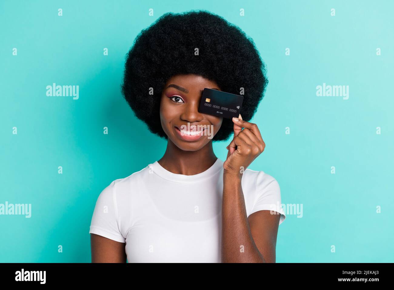 Photo of sweet short hairdo young lady card cover eye wear white t ...