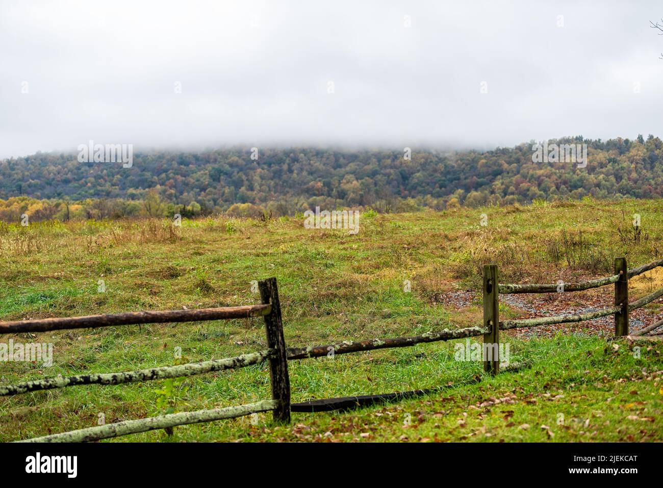 Virginia rural countryside farm cloudy mist fog day with wooden ...
