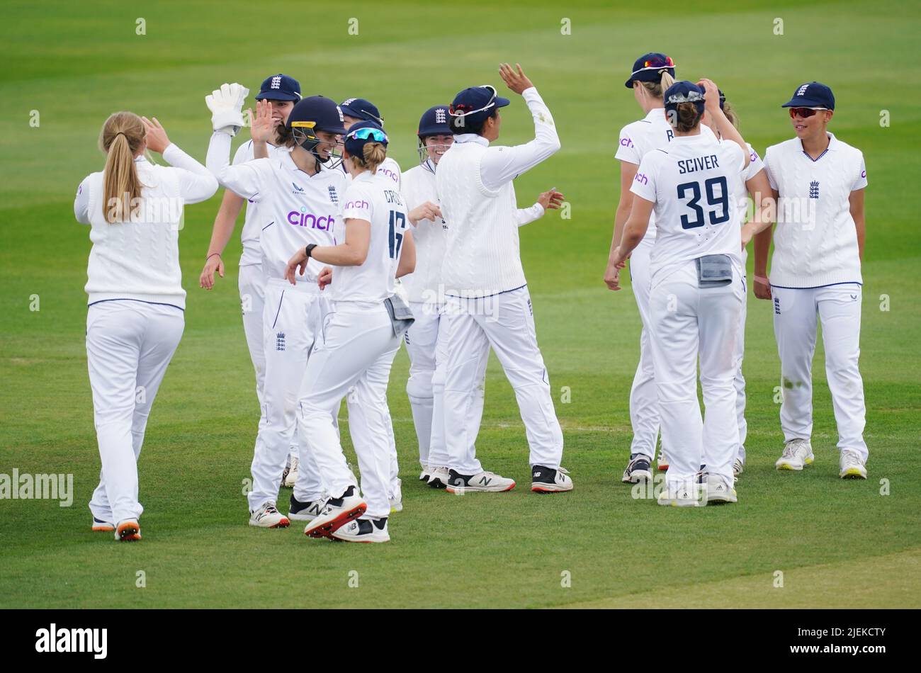 England players celebrate the wicket of South Africa's Anneke Bosch ...