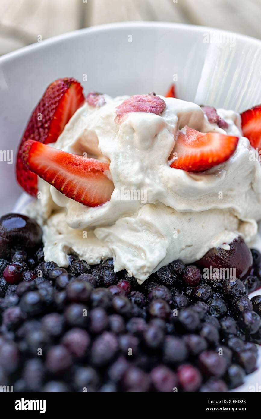 Closeup macro vertical view of vanilla ice cream topped with fresh cut ...