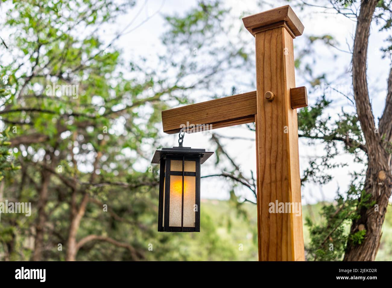 Japanese style garden with illuminated hanging lantern lamp light on ...
