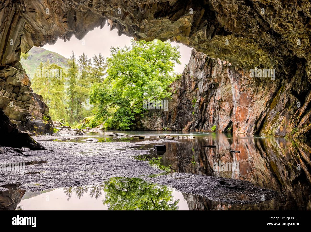 The view from the man-made Rydal Cave in the Lake District National ...