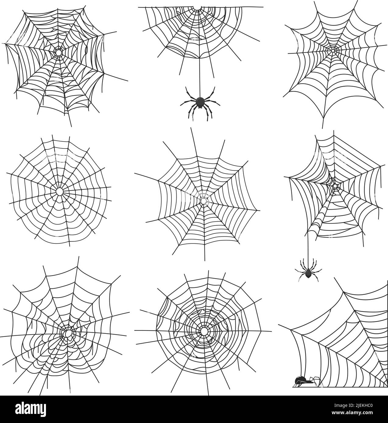 Spider webs. Halloween graphic web, black isolated cobweb and spiders ...