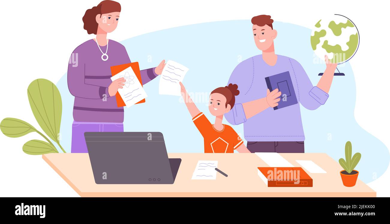 Parents help homework. Family teacher helping learn children home ...