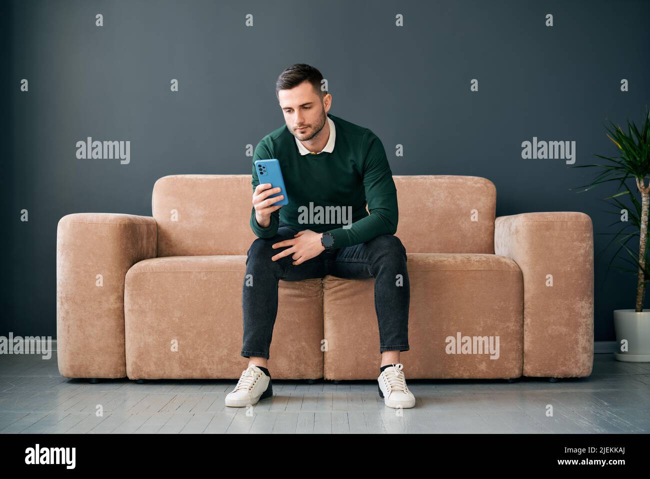 Relaxed man sitting on couch using hsi mobile phone. Social media ...