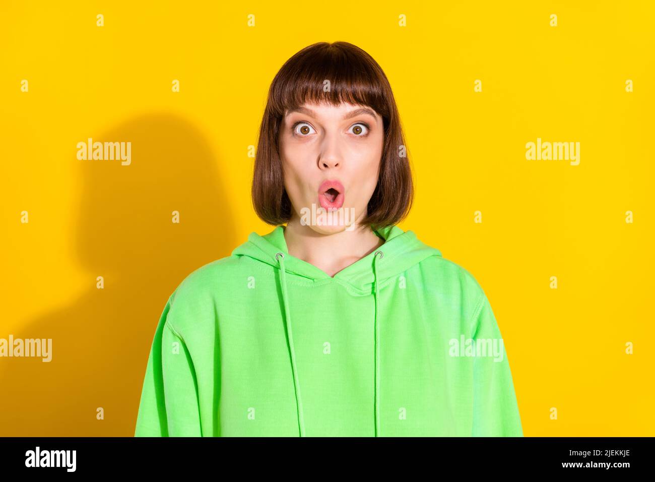 Portrait of attractive amazed girl pout lips sudden news reaction ...