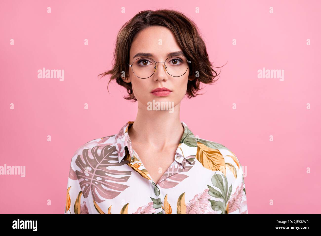 Photo portrait pretty girl serious wearing printed shirt glasses ...