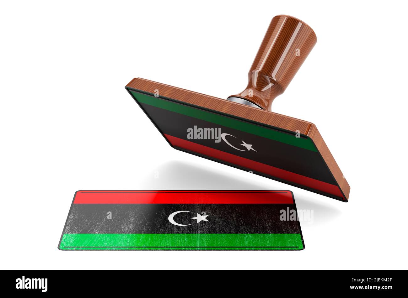 Wooden stamper, seal with Libyan flag, 3D rendering isolated on white ...