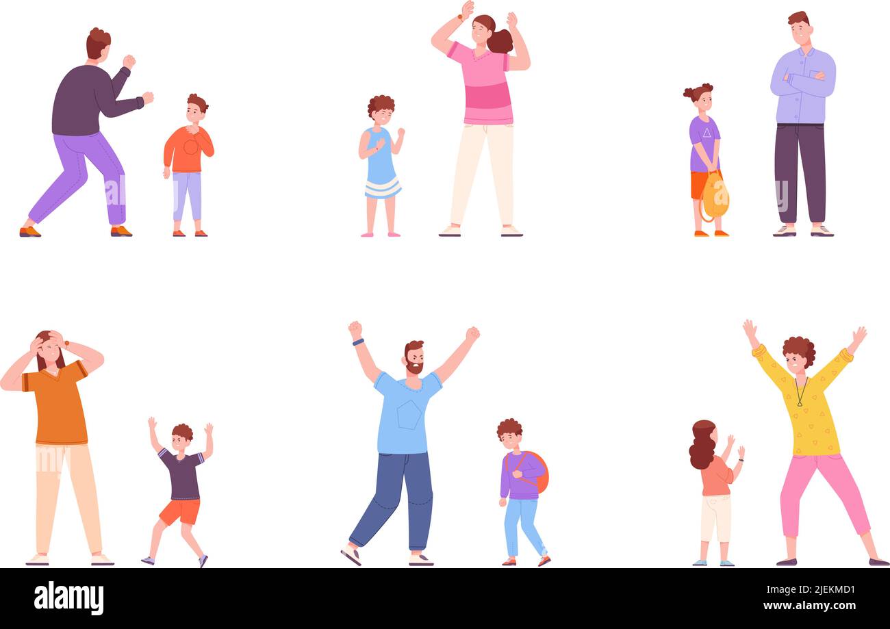 Parenting problems. Angry parents scolding children, parent and conflict communicating, mother ...