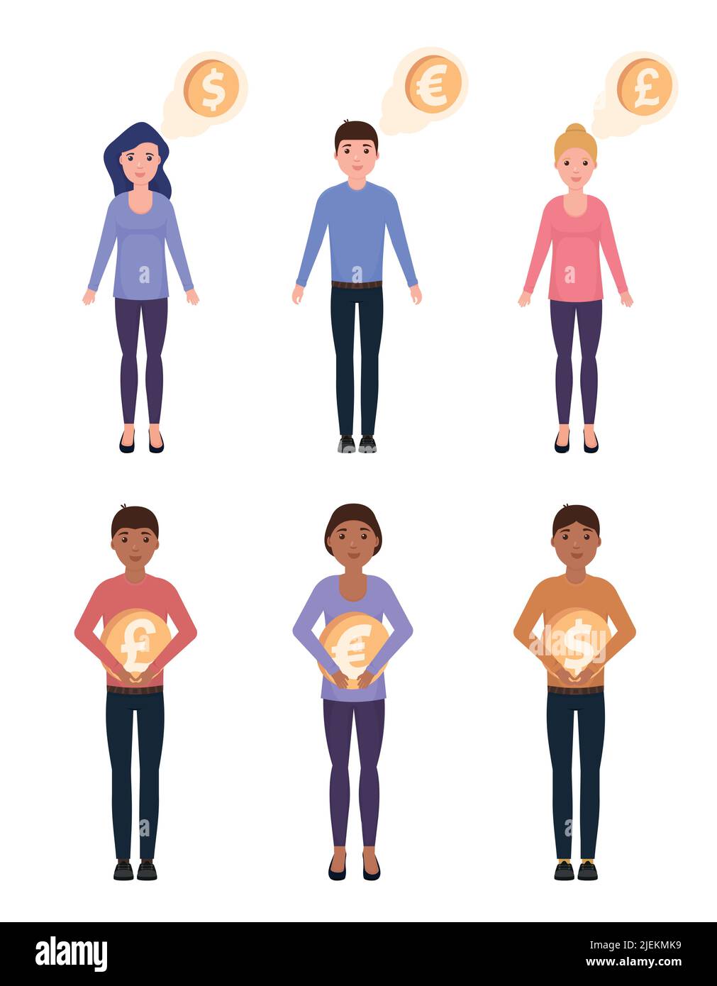 Vector illustration of people with money. Men and women interact with ...