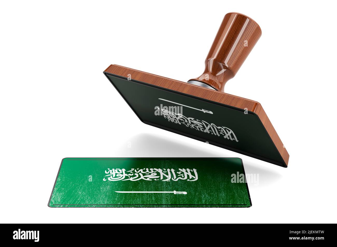 Wooden stamper, seal with Saudi Arabian flag, 3D rendering isolated on ...