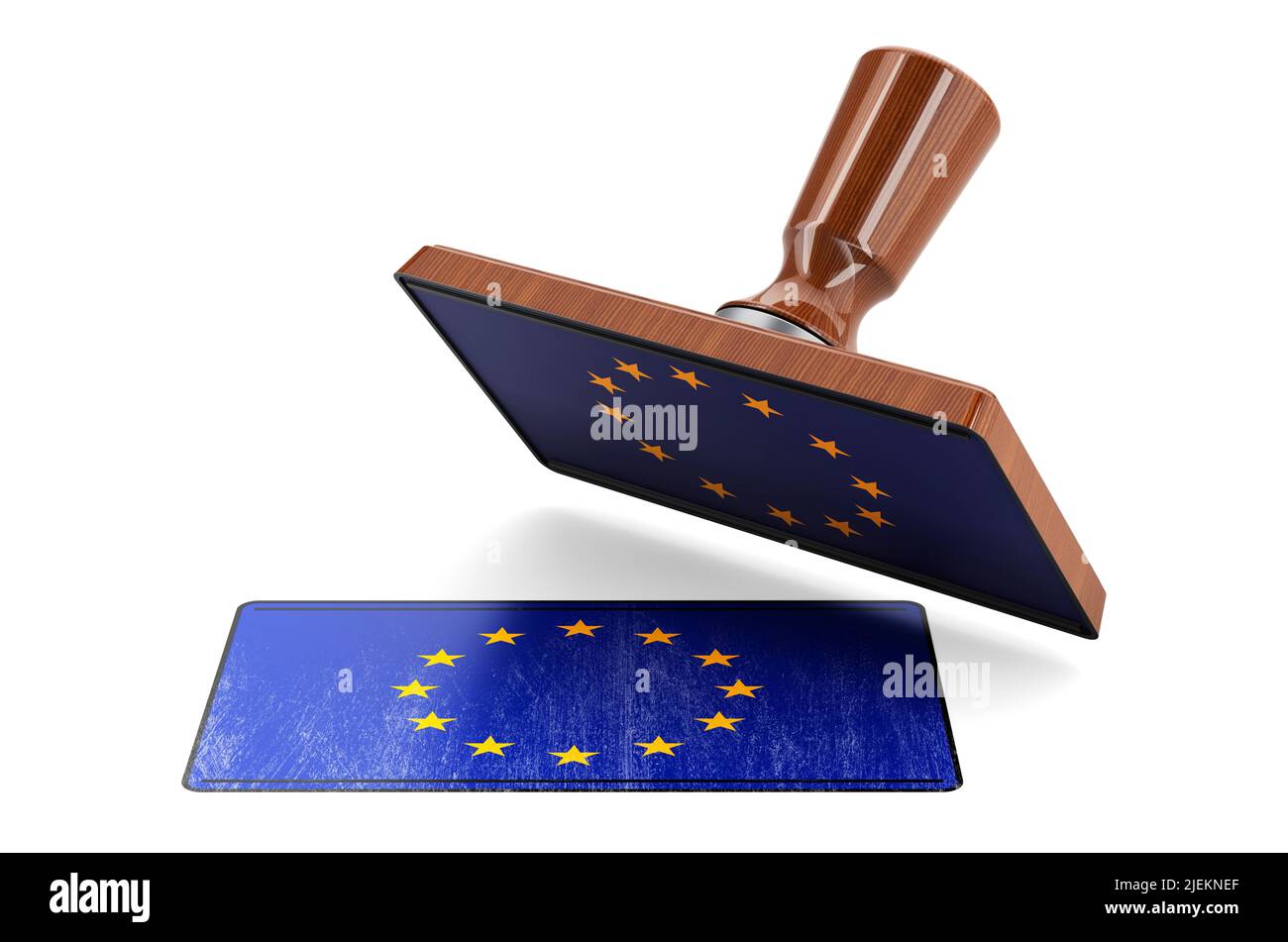 Wooden stamper, seal with the EU flag, 3D rendering isolated on white ...