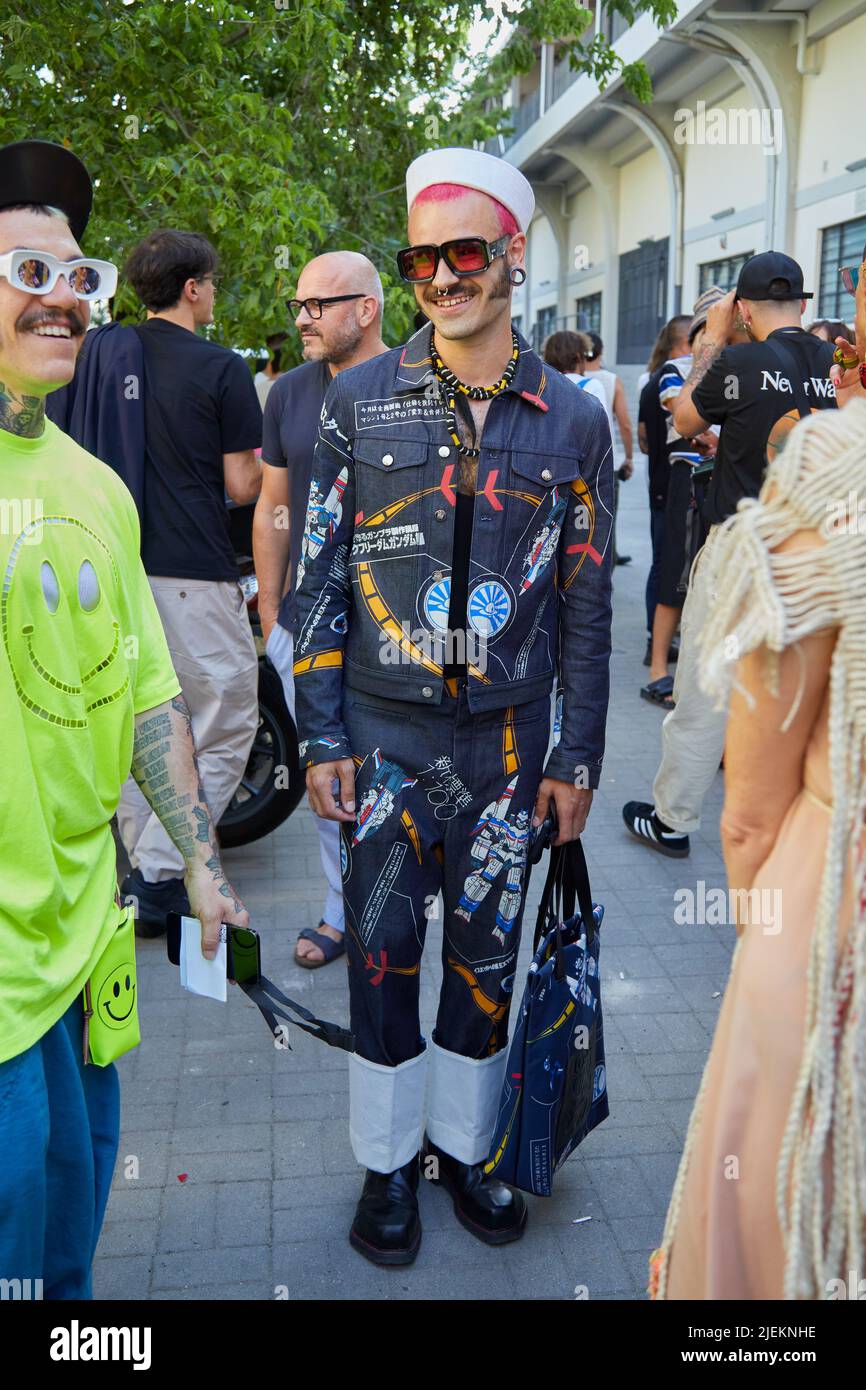 MILAN, ITALY - JUNE 18, 2022: Man with white sailor hat, denim jacket ...