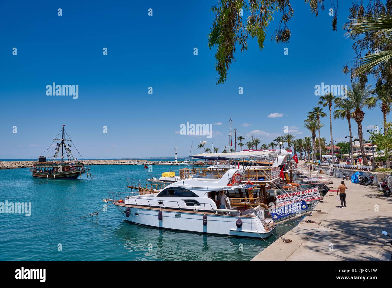 harbour with historical ship in Old town of Side, Antalya, Turkey Stock ...