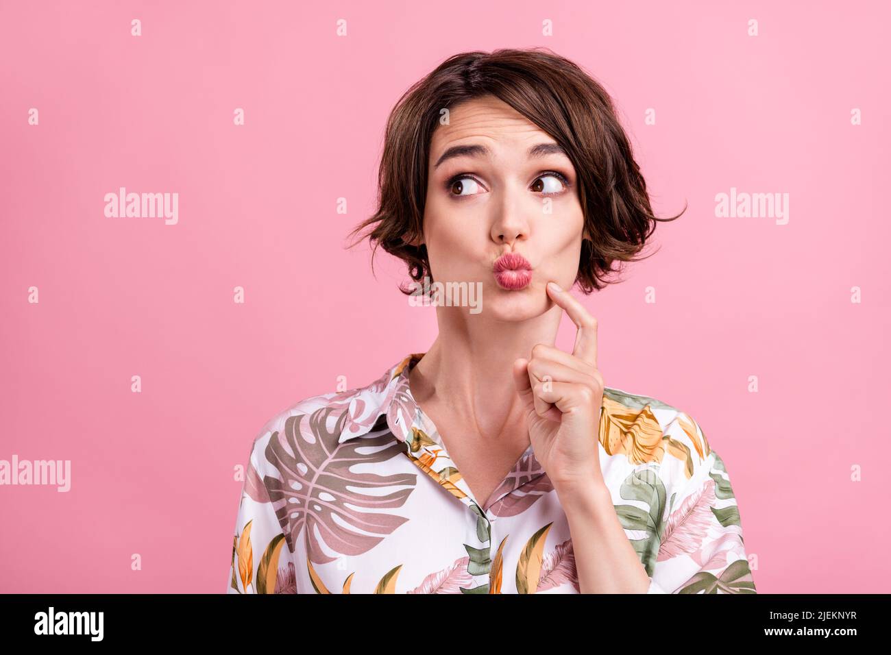 Photo portrait pretty girl with pouted lips looking copyspace isolated ...