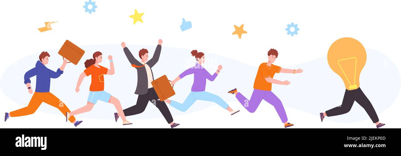 Team running to idea. Group work people catching bright lamp, business ...