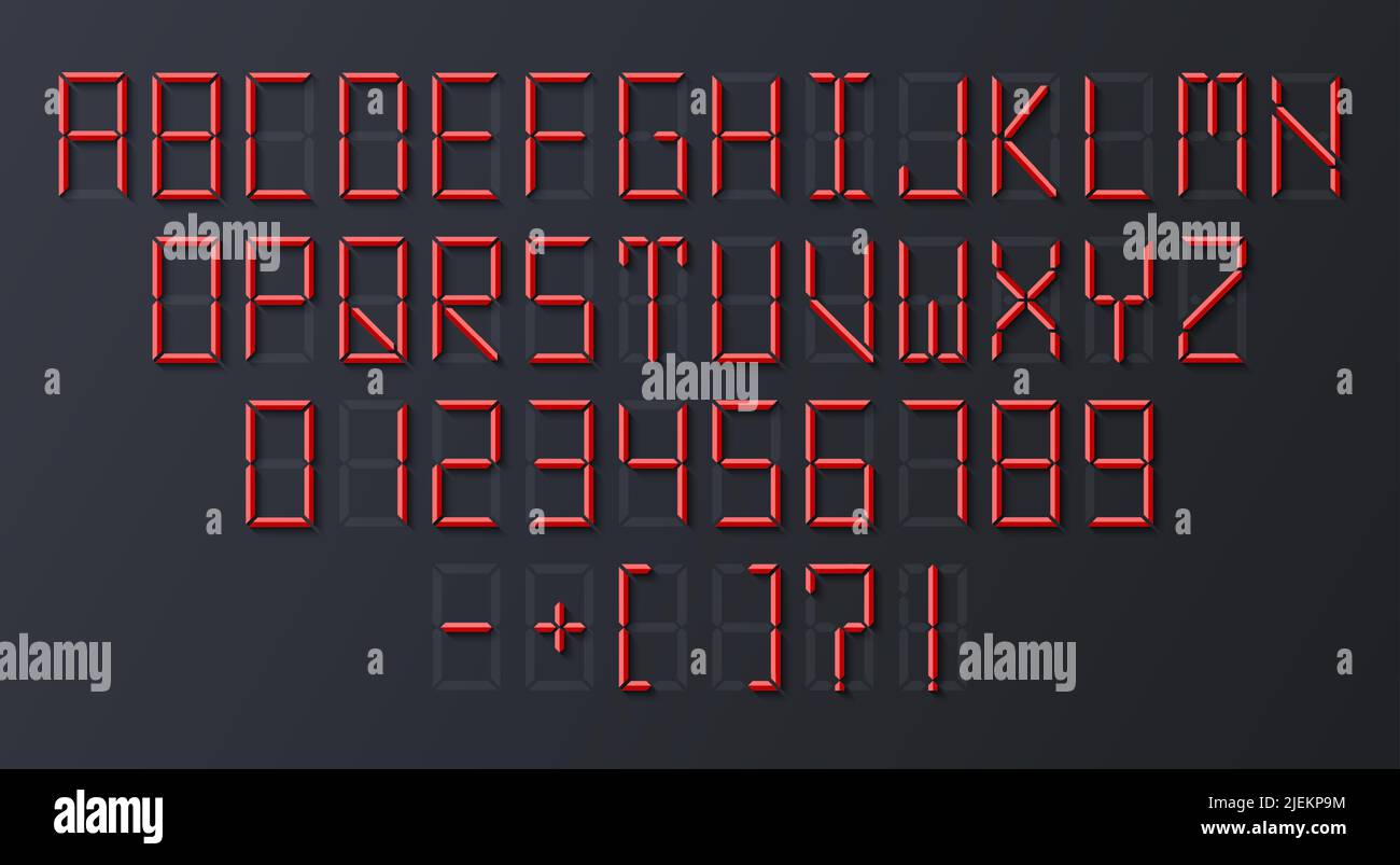 Digital 3d display font. Clock or alarm, watch timer letters and ...