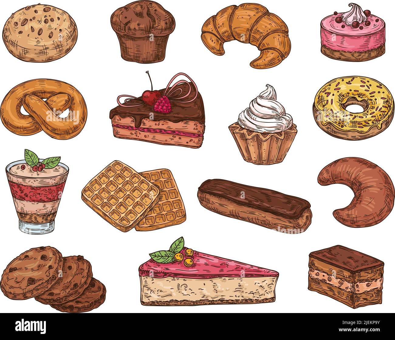 Hand drawn cakes. Sweet sketch desserts for tea or coffee break ...