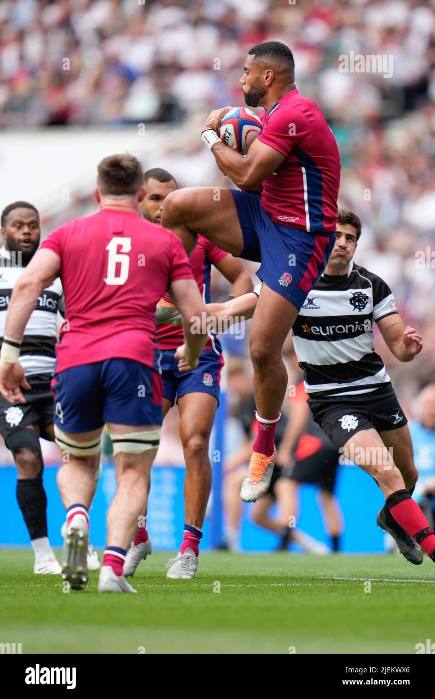 England wing Joe Cokanasiga collects a high ball during the England -V ...