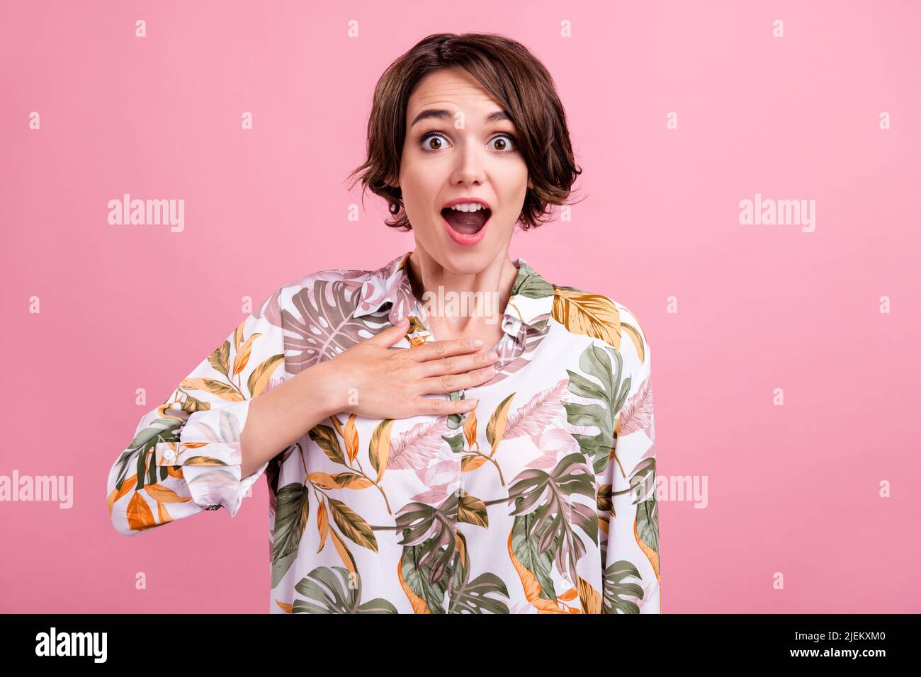 Photo of young girl happy positive smile hand on chest amazed shocked ...