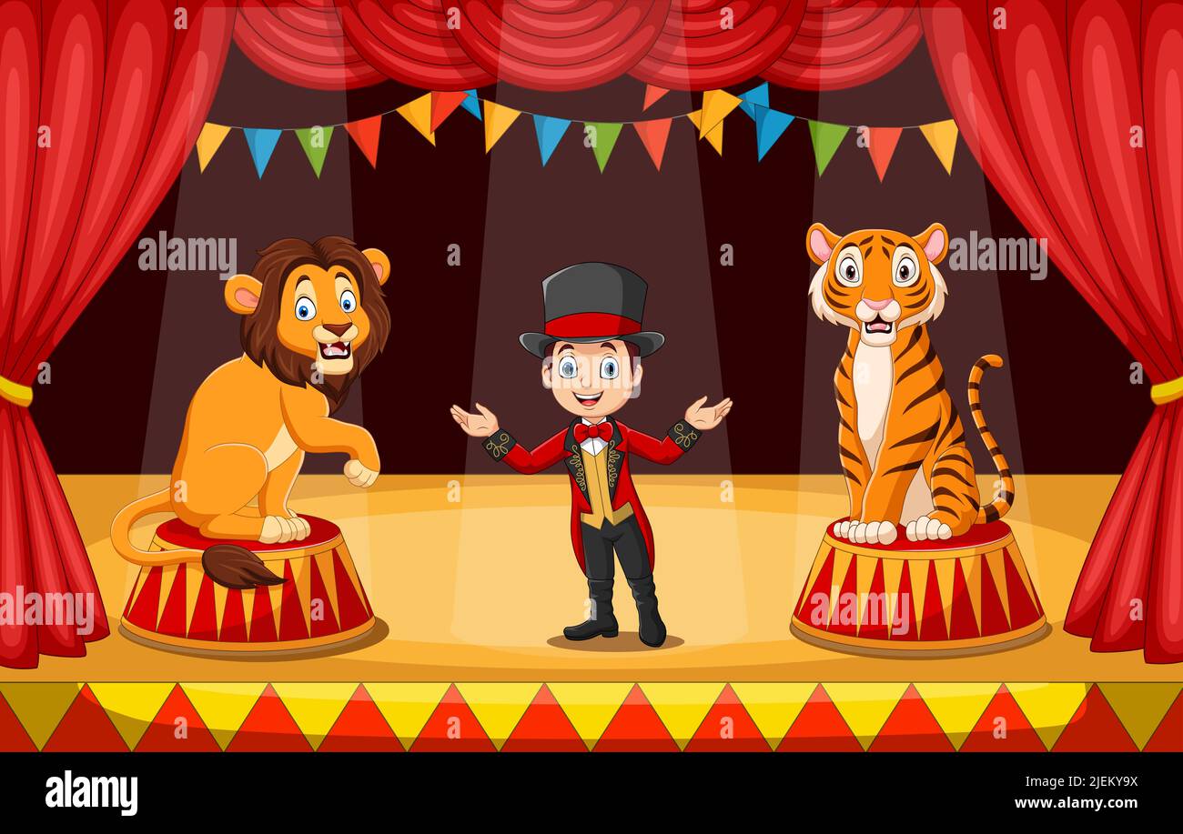 Cartoon circus performers with tamer and animals on circus arena Stock ...