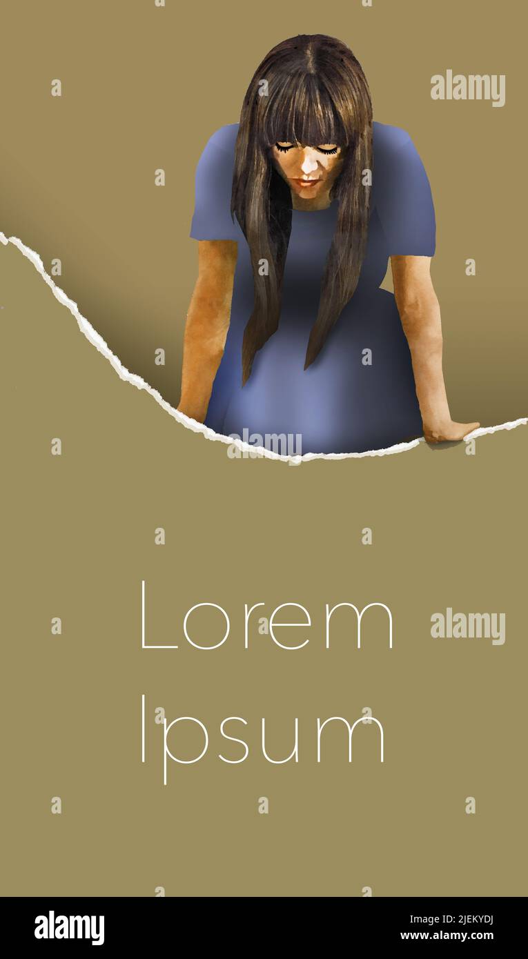 A girl looks down over a torn paper edge at a text area labeled with ...