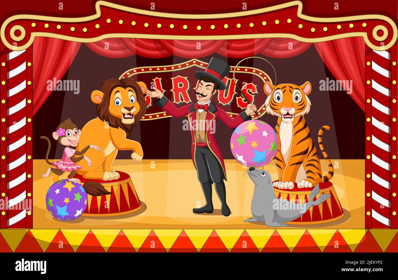 Cartoon circus performers with animals and tamer on circus arena Stock ...
