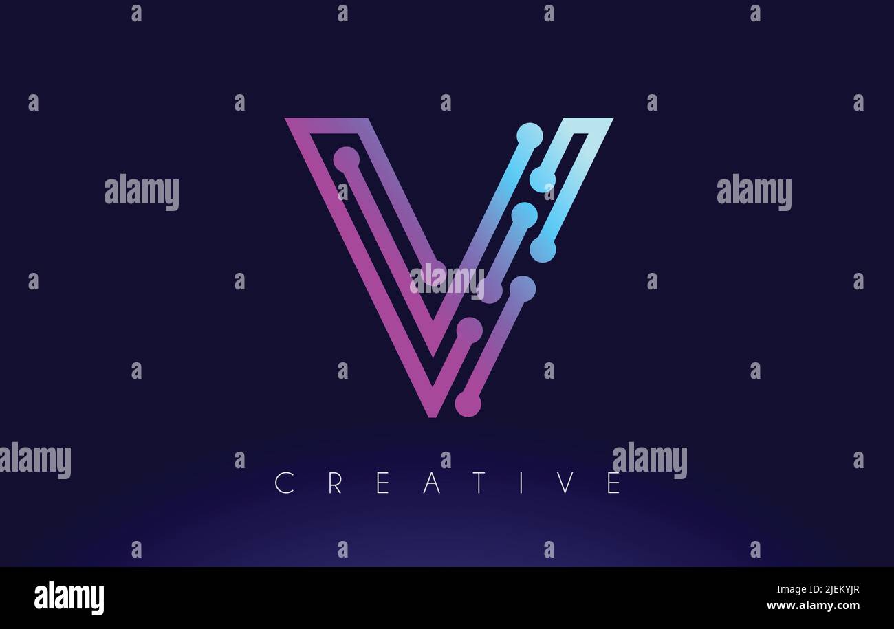 V Tech Letter logo Concept with Connected Technology Dots and Lines in ...