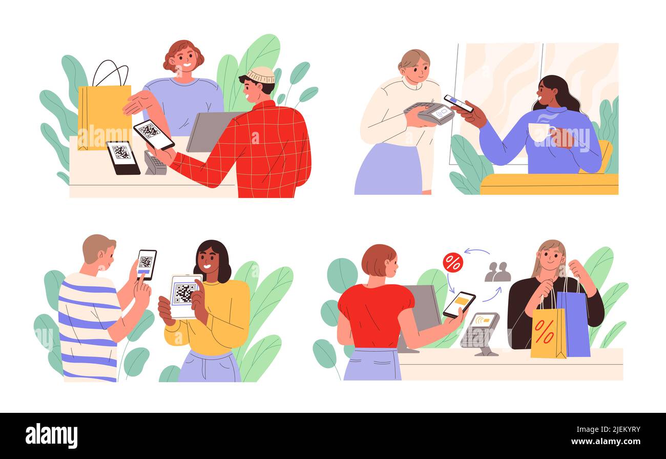 People use mobile cashless payment system or scan qr code vector . Characters using digital ...