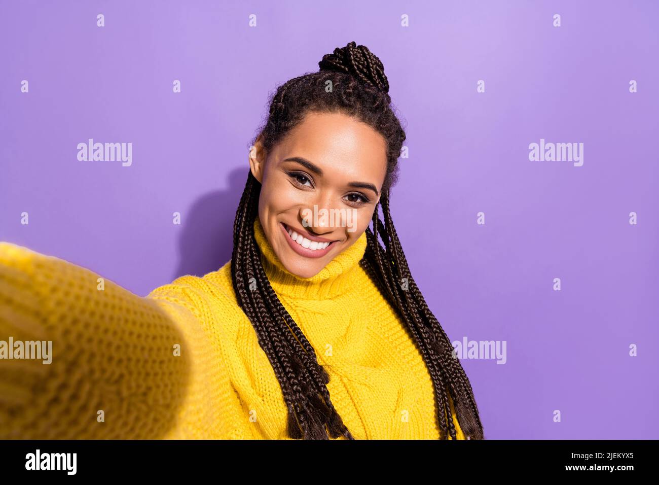 Photo of impressed brunette lady do selfie wear yellow sweater isolated ...