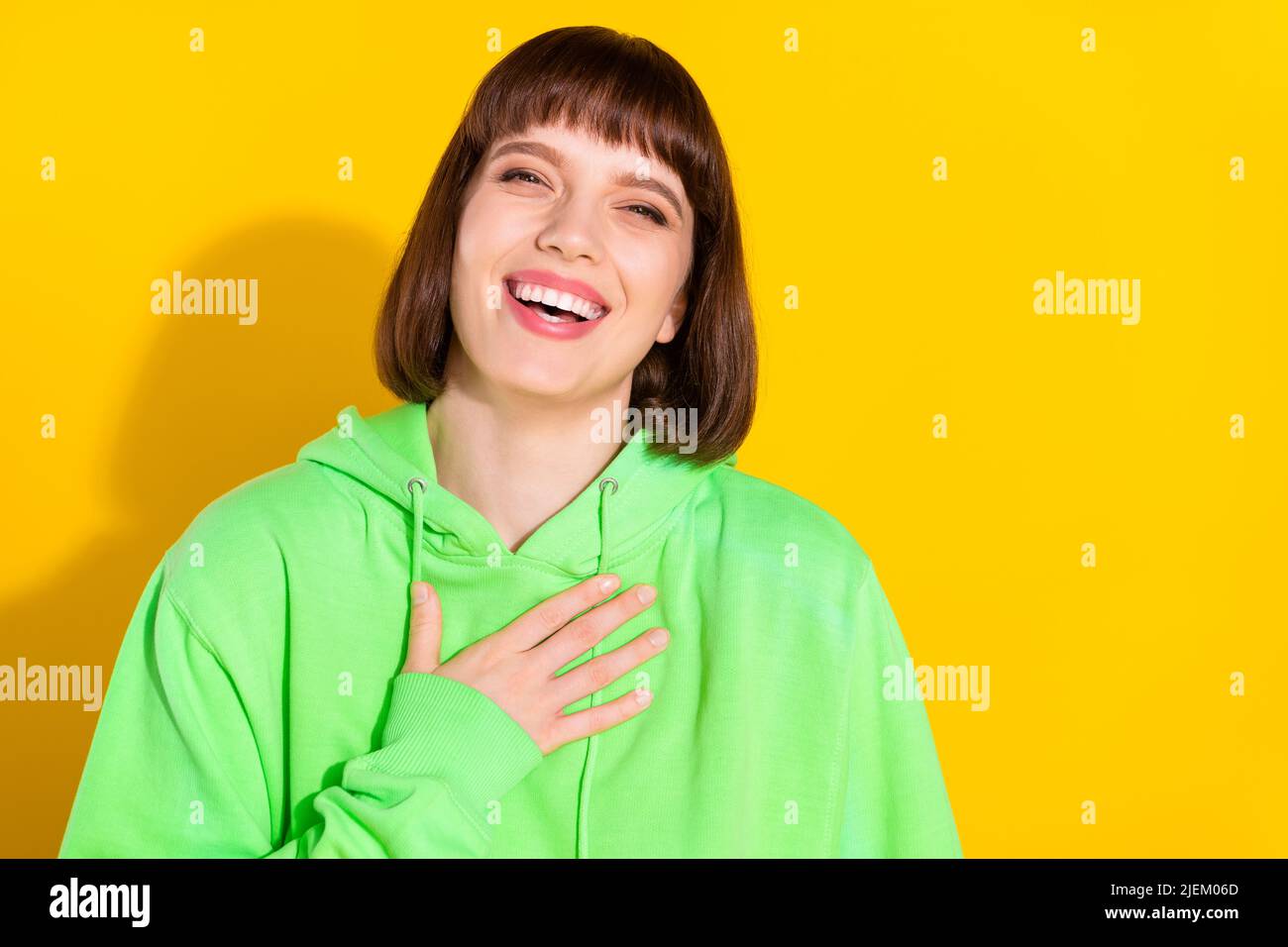 Portrait of attractive cheerful girl laughing funny joke good news ...